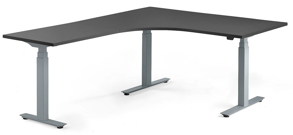 AJ Produkty Výškově nastavitelný stůl MODULUS, rohový, 1600x2000 mm, stříbrný rám, černá