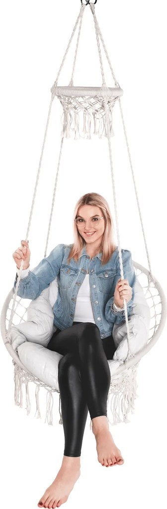 Závěsné houpací křeslo s třásněmi, bílá, DELUS