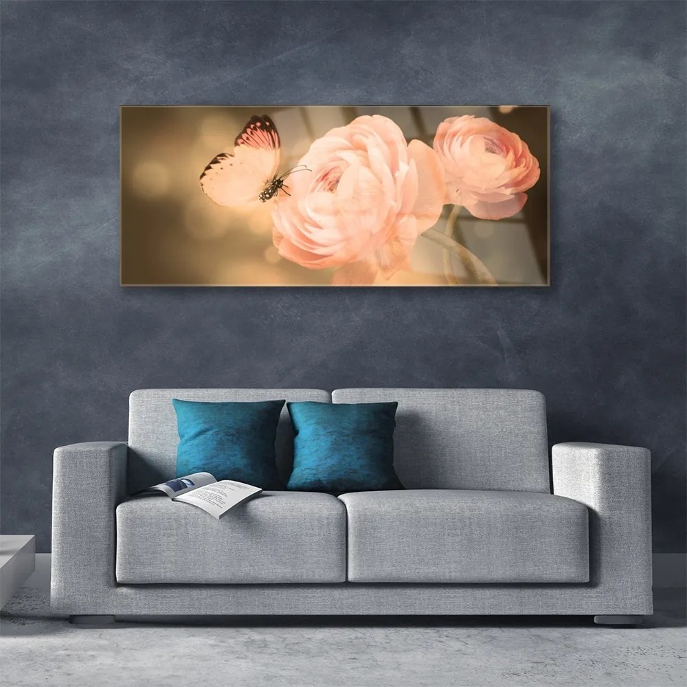 Obraz na skle Motýl Růže Příroda 125x50 cm