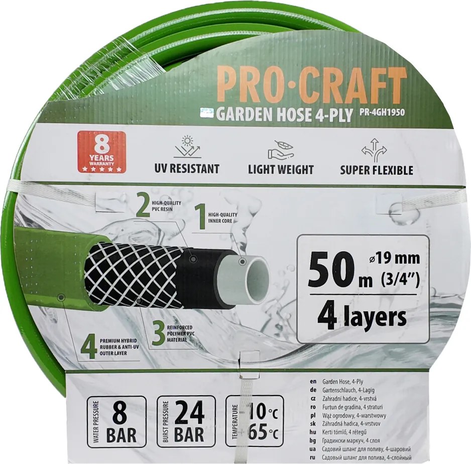 Procraft PR-4GH1950 - zelená zahradní hadice, 4 vrstvy, 3/4", 50m