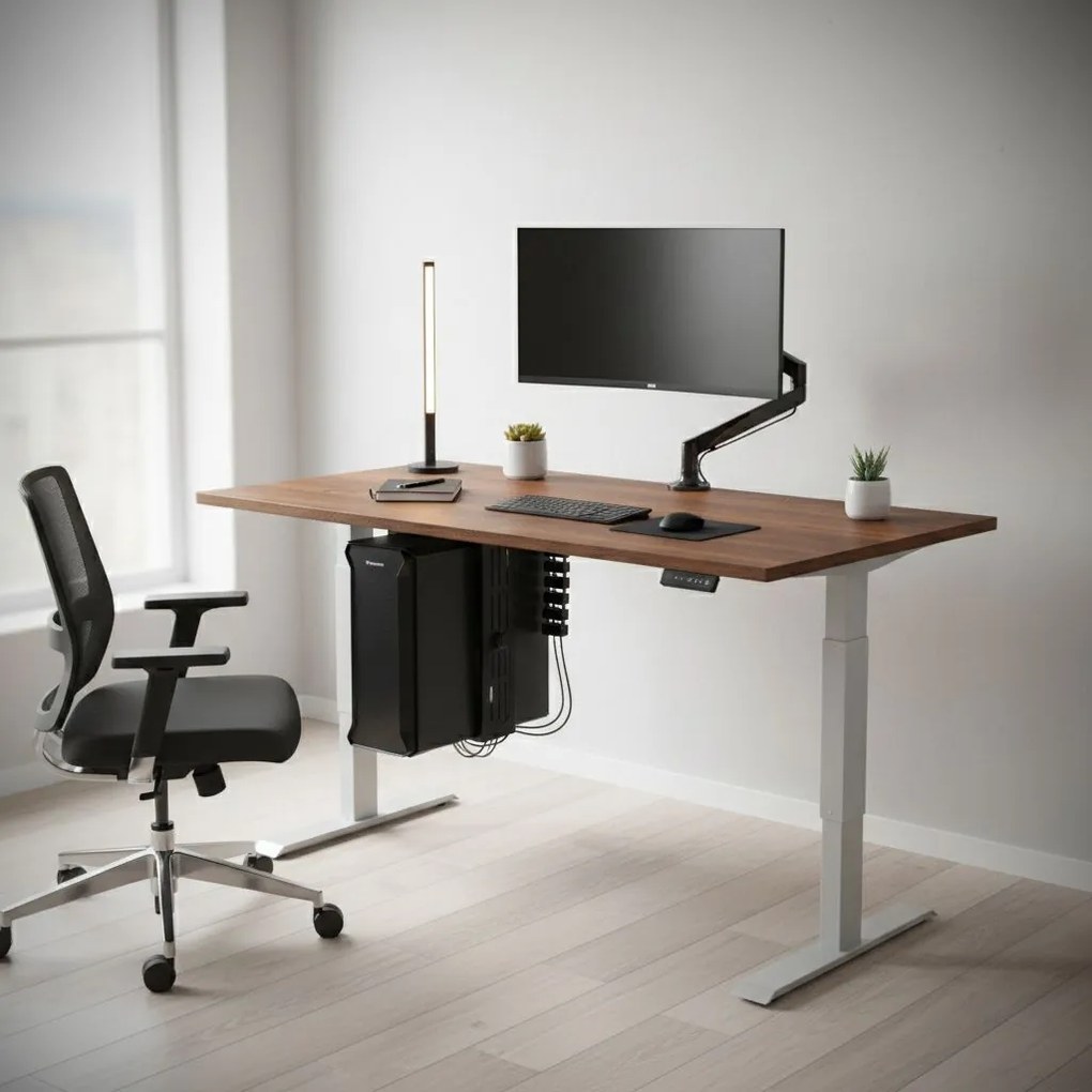 Výškově nastavitelný stůl OfficeTech D, 160 x 80 cm, šedá podnož, dub silverjack