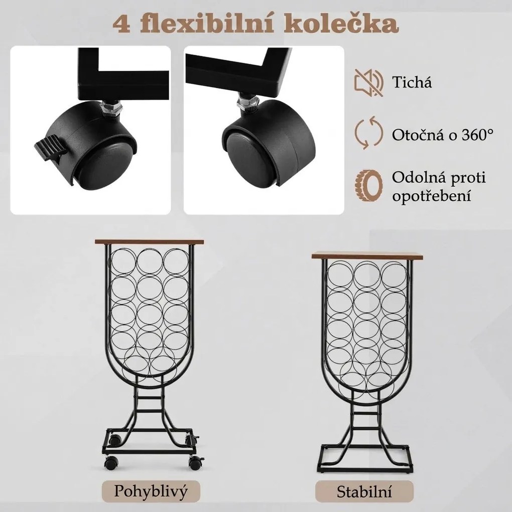 Stojan na víno pro 14 lahví, odnímatelná kolečka, hnědo-černý JV10767DK