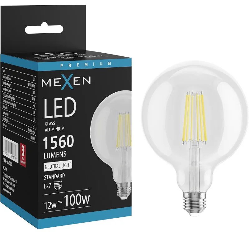 Mexen Vintis Žárovka filament LED E27, G125, 12W, Neutrální - 4000K, 1560 lm, čirá - L158-E27-1240-00