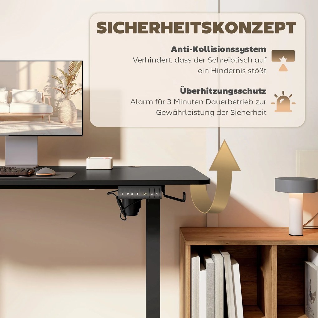 Stůl Vinsetto se stojanem na sezení, elektrický, s ochranou proti nárazu, ochranou proti přehřátí, možnost ukládání, 140x70x72-116cm, dřevotříska, če…