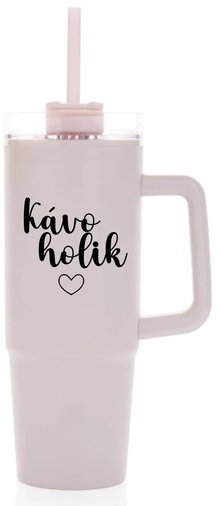 KÁVOHOLIK - růžový cestovní termohrnek s průhledným víčkem 900 ml