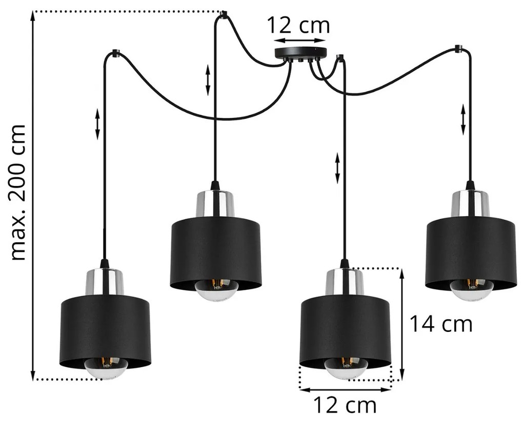 Závěsné svítidlo PANTA SPIDER, 4x černé kovové stínítko, CH