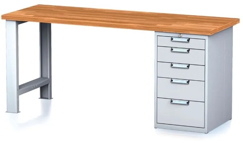 Alfa 3 Dílenský pracovní stůl MECHANIC I, pevná noha + dílenský box na nářadí, 5 zásuvek, 2000 x 685 x 880 mm, šedé dveře
