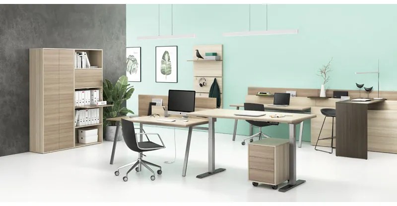 Vysoký kancelářský policový regál LAYERS, 3 boxy, 800 x 400 x 1905 mm, dub přírodní / dub mořený