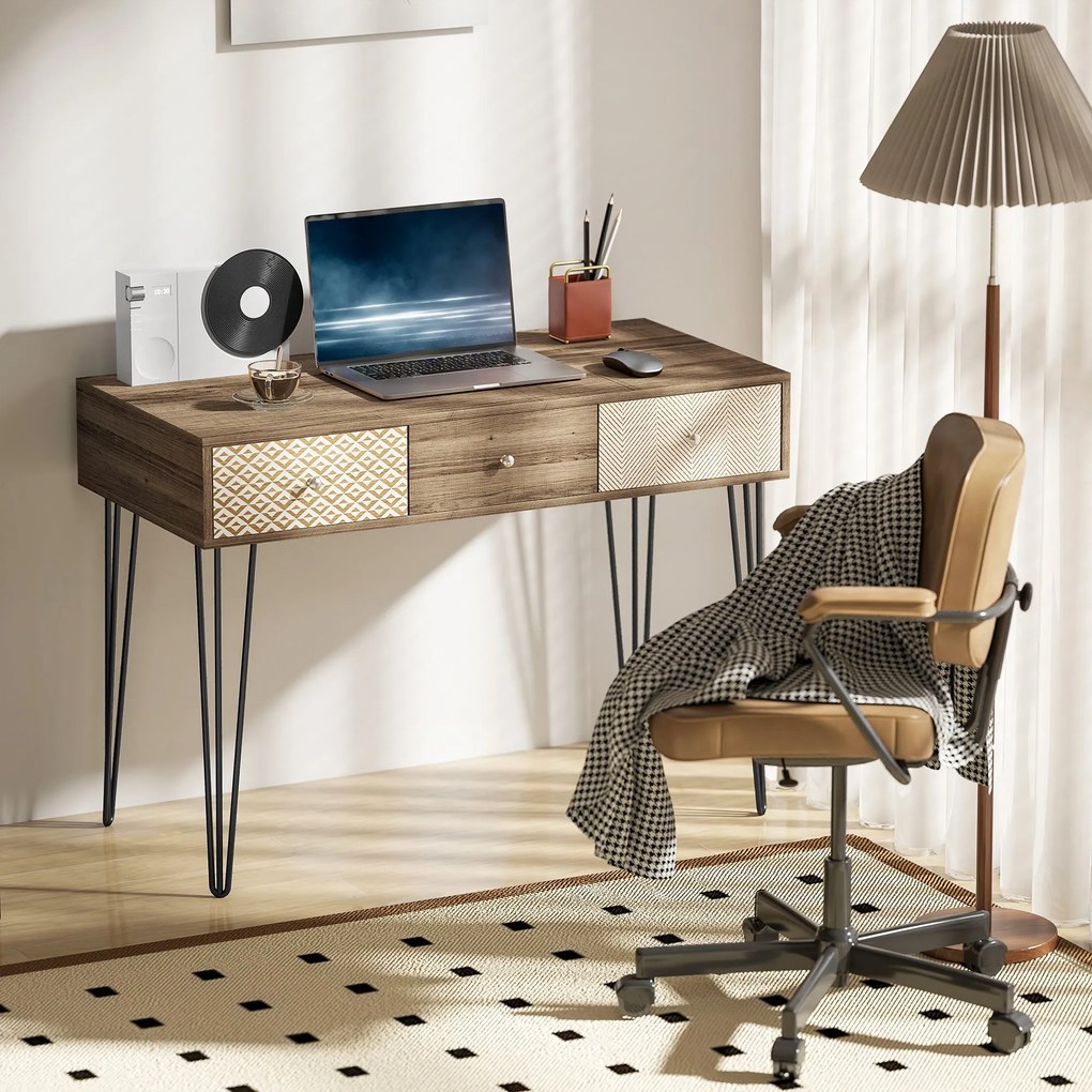 HOMCOM Bohémský psací stůl s 3 zásuvkami a nožkami v designu hairpin pro kancelář, ložnici nebo toaletní stolek 105x50x75 cm dřevo | Aosom