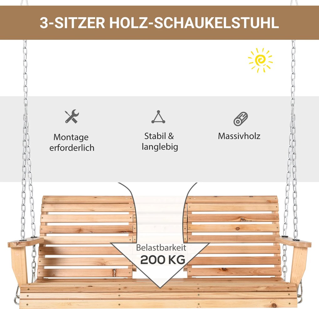 Outsunny závěsná lavice zahradní houpačka houpací lavice se skládacím stolkem a držákem na nápoje, jedlové dřevo, pro 2-3 osoby, 150x75x53cm, příroda…