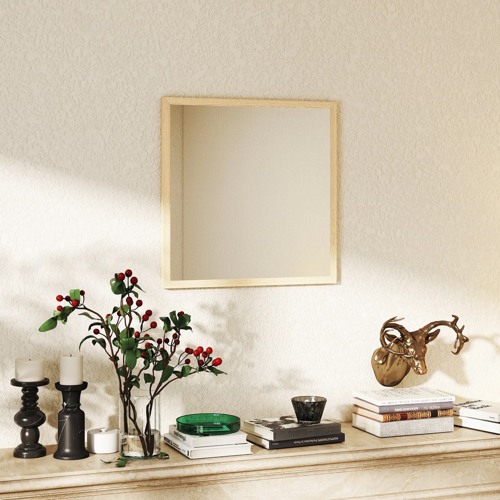 HOMCOM nástěnné čtvercové zrcadlo 50 x 50 cm, rám z přírodního dřeva, ideální do koupelny, obývacího pokoje nebo ložnice