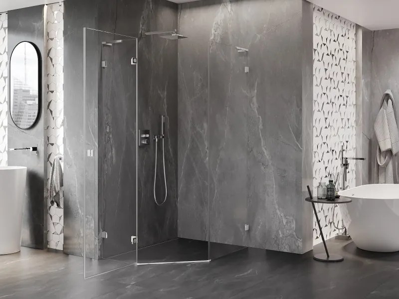 Mexen Lunar, L pětiúhelníkový sprchový kout naklápěcí doleva 80 x 100 cm, 8mm čiré sklo, chromový profil, 831L-080L-100P-01-00-L