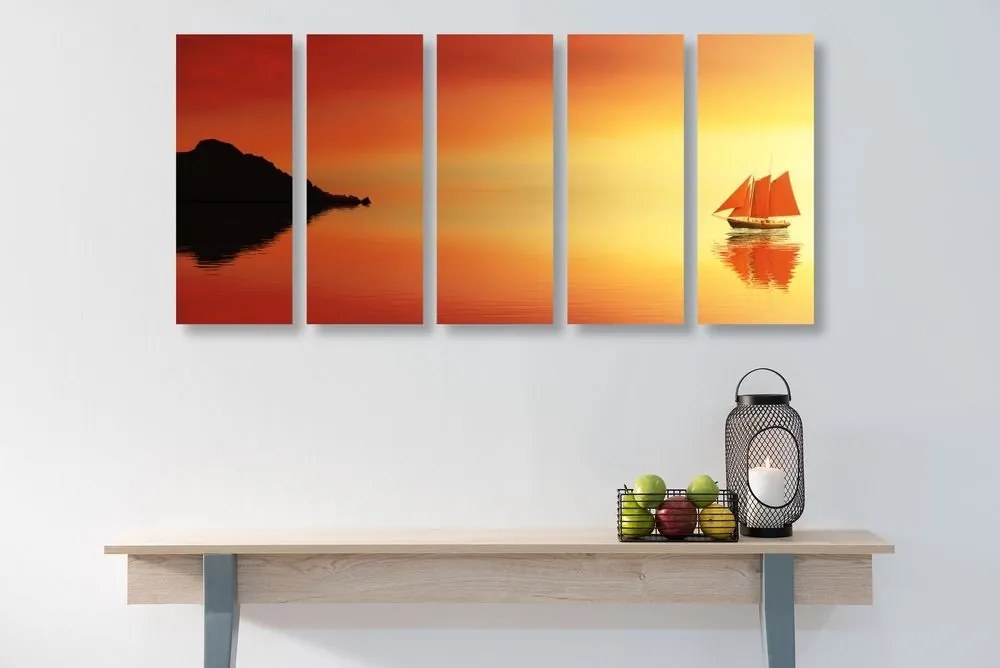 5-dílný obraz oranžová plachetnice - 200x100 cm
