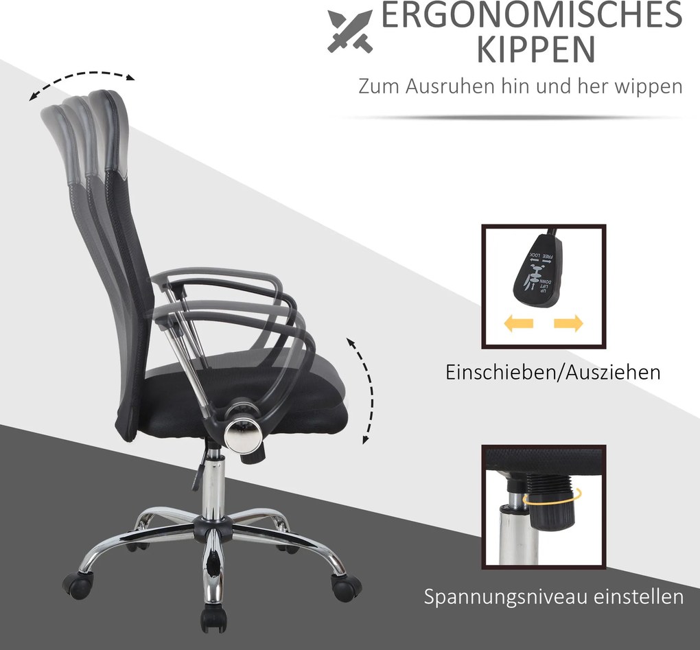 HOMCOM Ergonomická kancelářská židle, herní židle, otočná židle s houpací funkcí, výškově nastavitelné pracovní křeslo, pěna, síťovina, černá, 63 x 6…