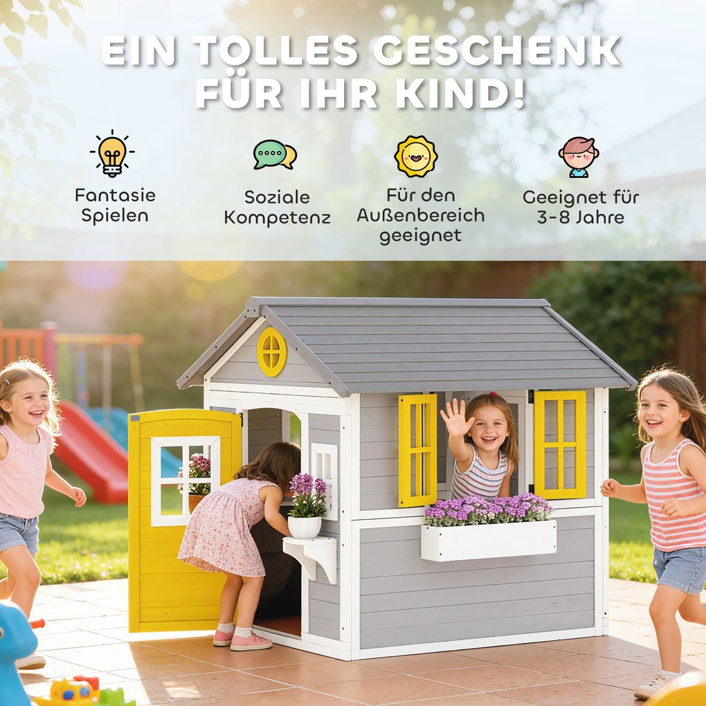 Outsunny dřevěný domeček do interiéru i exteriéru s dveřmi, okny, truhlíky a policemi — šedý, pro děti 3–8 let