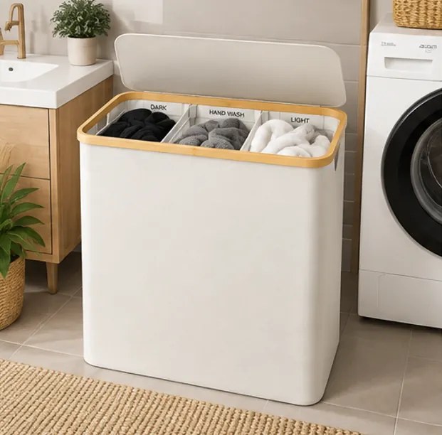 koš na prádlo, objem 180+ l, s víkem, 3 odnímatelné tašky, látka/bambus, 75x58x40 cm, béžová/přírodní, Dekorino KP20260004