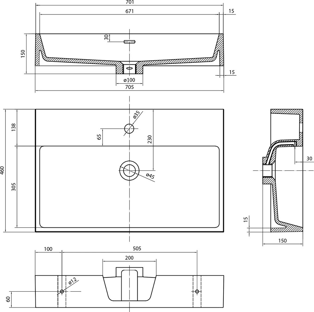 Sapho Sapho, AQUATIC umyvadlo, litý mramor, 70x46cm, bílá, AT070