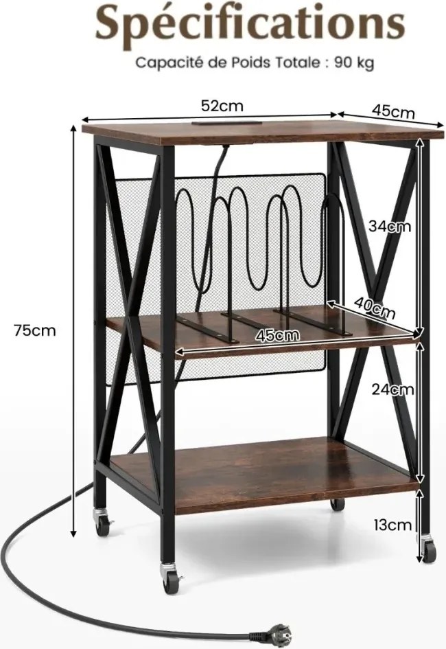 Costway Mobilní stojan na gramofon se zásuvkami 220 V a USB porty, rustikální JV12662DE-CF