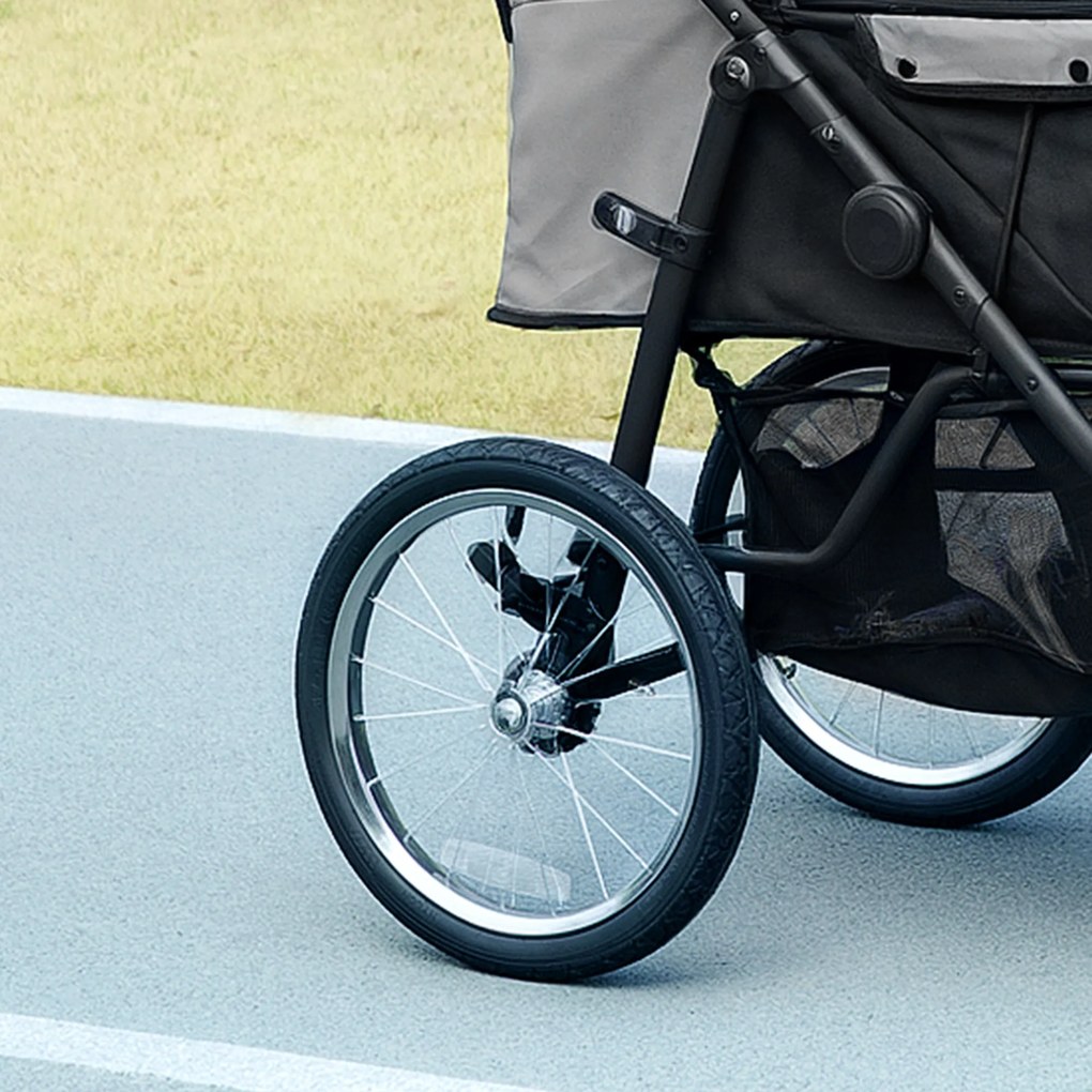 PawHut kočárek pro psy a jogger pro malé psy a kočky do 10 kg se 3 velkými gumovými koly, síťovanými okny a bezpečnostními pásy, Šedá
