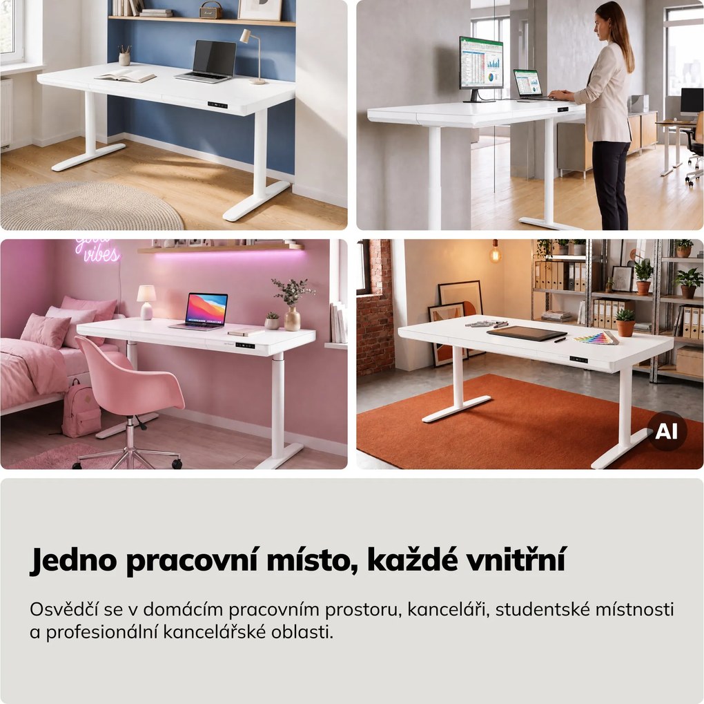 Elektrický psací stůl sit-stand se zásuvkou a bezdrátovou nabíječkou Qi bílý, 1600 mm: ELLIS