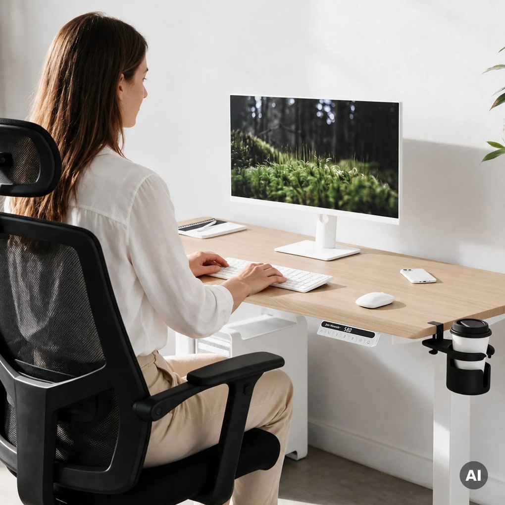 Elektrický stůl s nastavitelnou výškou ergonomický bílý/dub sonoma,1400x700 mm: ARIA