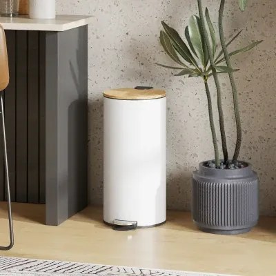 HOMCOM kuchyňský koš na odpadky 30 L s pedálem, bambusovým víkem Soft-Close a vyjímatelným kbelíkem pro ložnici, kancelář, obývací pokoj, bílý