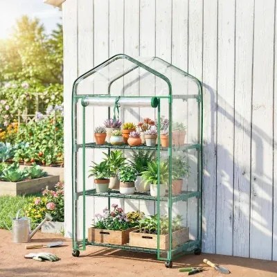 Outsunny mini skleník se 3 policemi, PVC plachta vysoké hustoty, rolovací dveře, 4 kolečka, 69 x 49 x 130 cm, průhledný