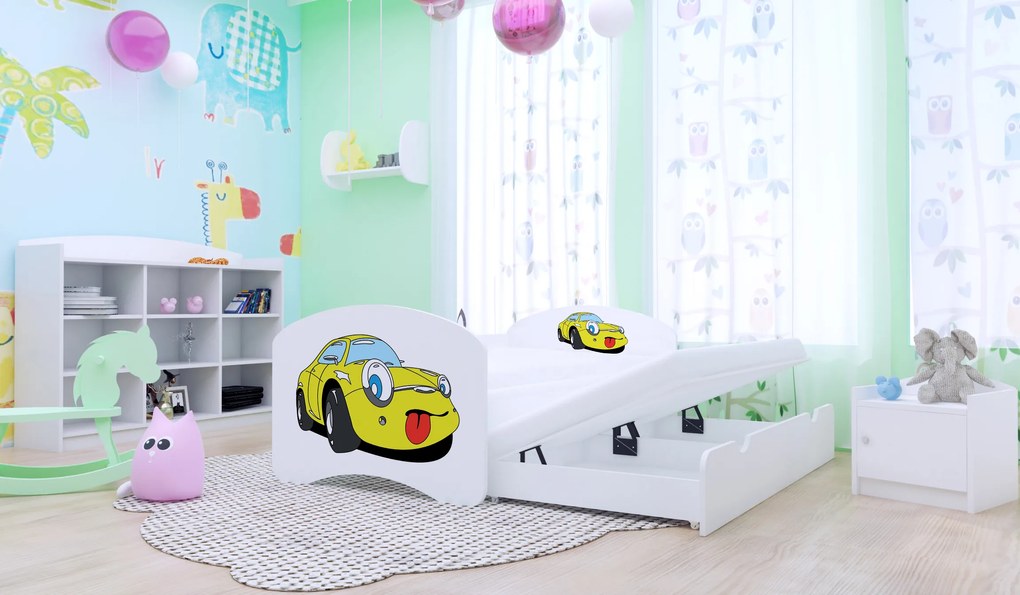 Svět pokojů Dětská postel Kevin pro dvě děti - žluté auto + matrace zdarma Barva: Zelená, Rozměr: 200x90 cm (+750 Kč), Zábrana: ANO (+450 Kč)