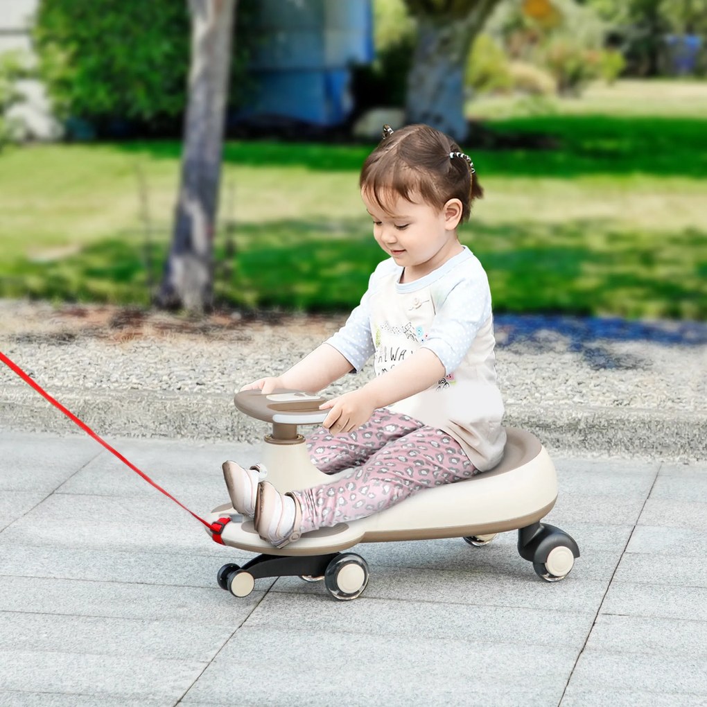 Dětský vozík AIYAPLAY Wiggle Ride-On pro děti od 2 let s tažným lanem, hudbou, světlem a úložným prostorem 69x31x69 cm Khaki | Aosom