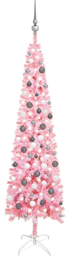 3078109 vidaXL Úzký vánoční stromek s LED diodami a sadou koulí růžový 210 cm