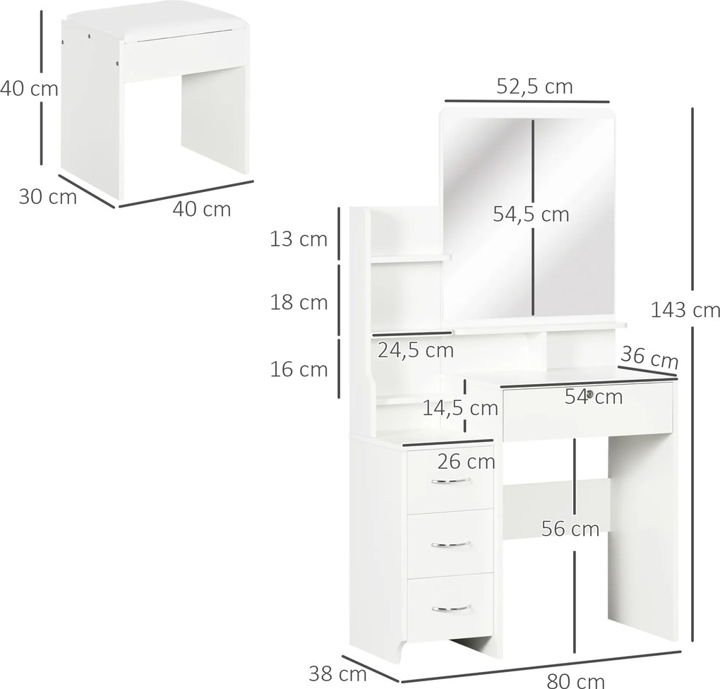 HOMCOM Toaletní stolek s taburetem a zrcadlem, toaletní stůl se 4 zásuvkami, 4 úložnými prostory, moderní styl, 80x38x143 cm Bílá