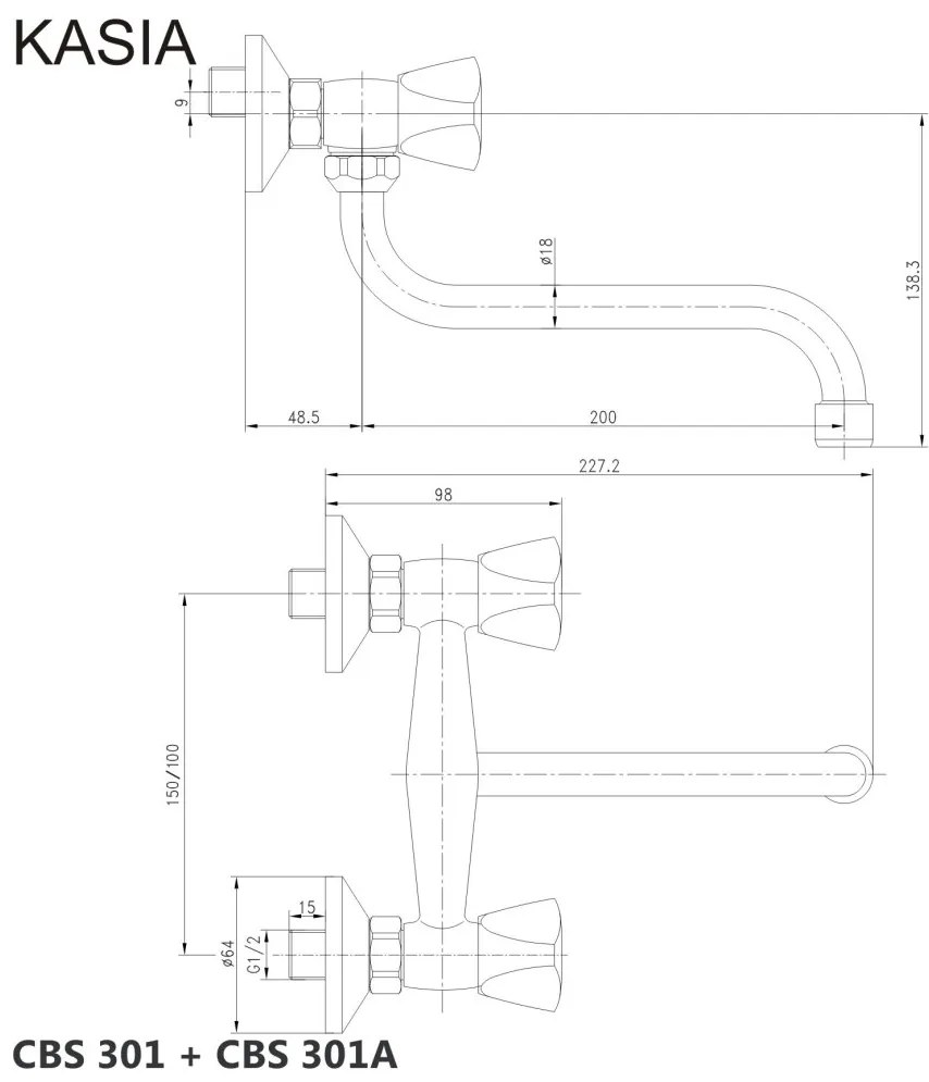Mereo Kasia dřezová nástěnná baterie 150 mm s ramínkem trubkovým 18 mm 200 mm mosaz chrom CBS301