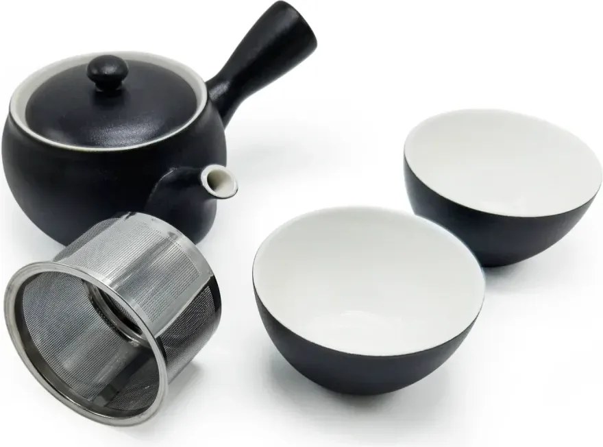 Porcelánová čajová souprava Kuro pro 2, 400 ml – japonský kjúsu s bočním úchopem
