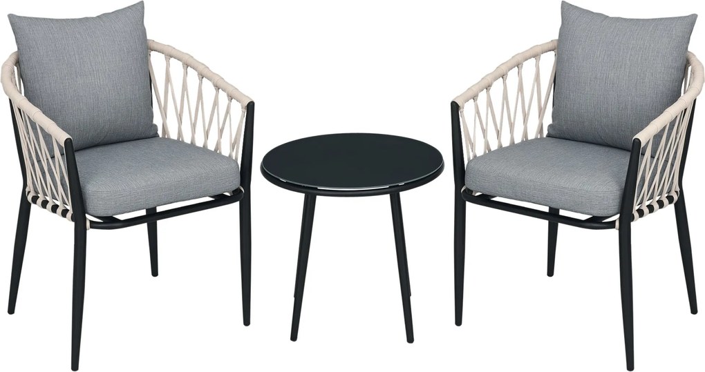Outsunny 3-dílná zahradní souprava, bistro set zahrnující 1 stůl a 2 židle s polstry, balkonový set, zahradní nábytek pro terasu a balkon, ocel, šedá