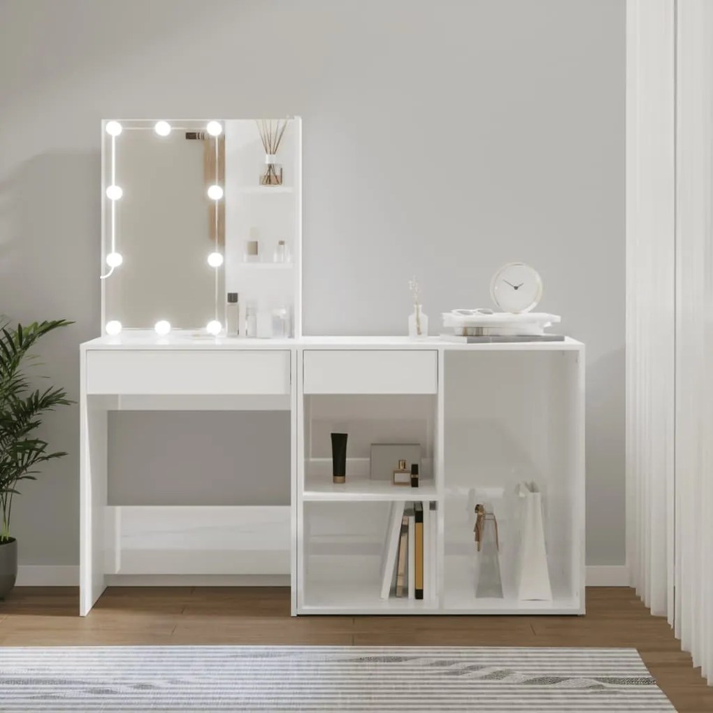 Led Toaletní Stolek Se Skříňkou Lesklý Bílý Kompozitní Dřevo