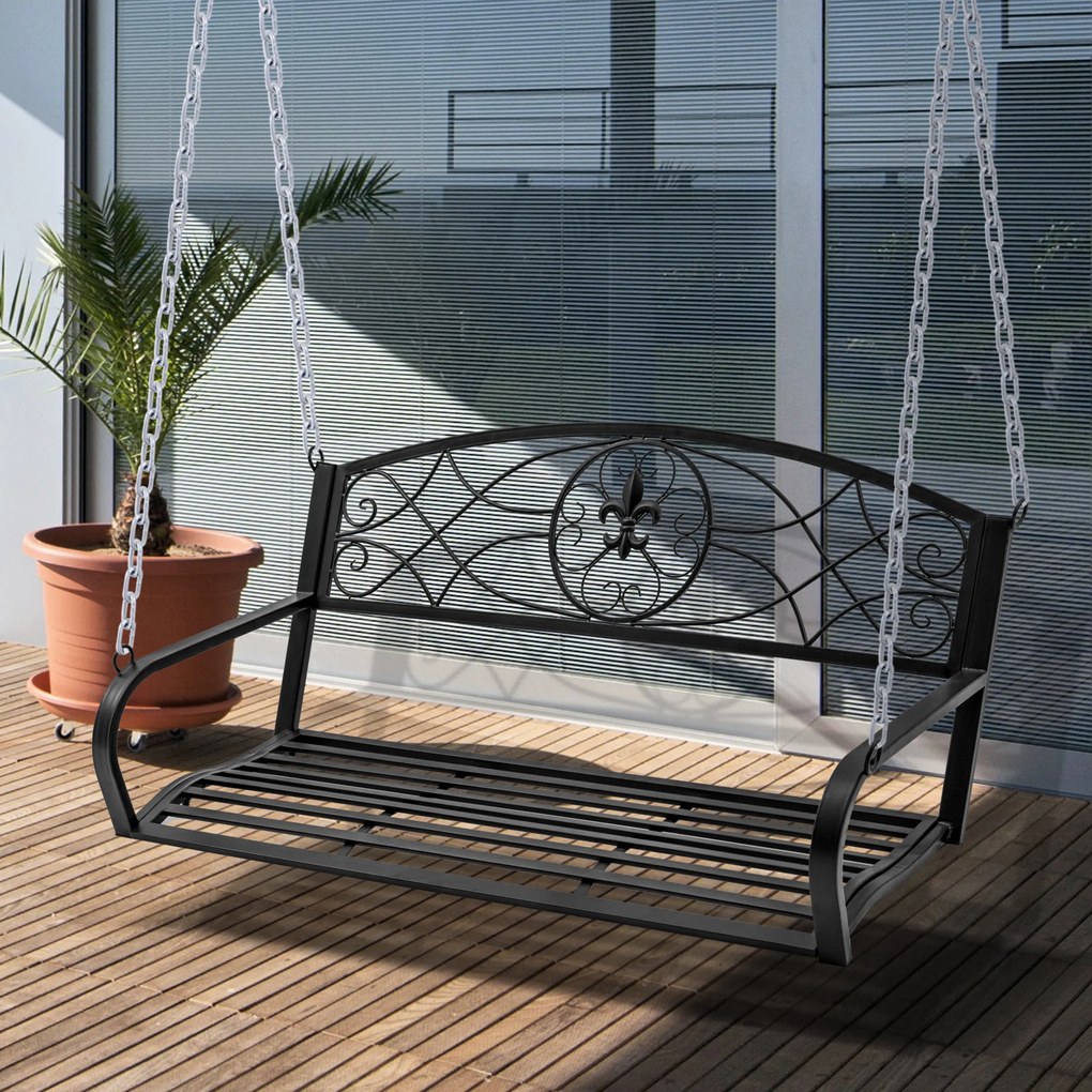 Zahradní houpačka Outsunny Hollywood odolná proti povětrnostním vlivům 2místná závěsná lavice s řetězy kovová černá 132 x 63 x 58 cm pro zahradu a te…