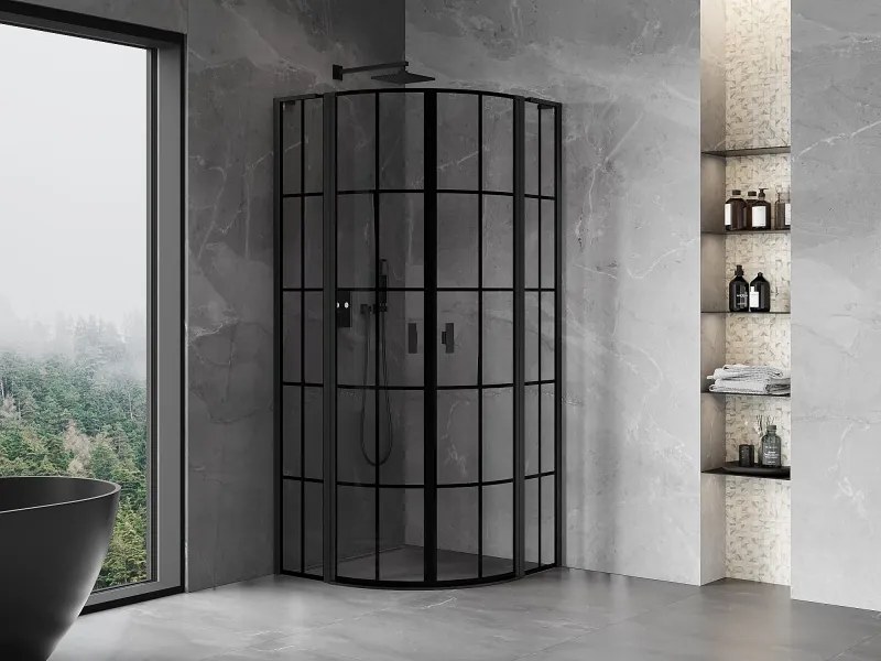 Mexen Mist L, čtvrtkruhový sprchový kout s 2-křídlými dveřmi, 100 x 100 cm, 8mm čiré sklo, černý profil, 8A32L-100-100-70-77