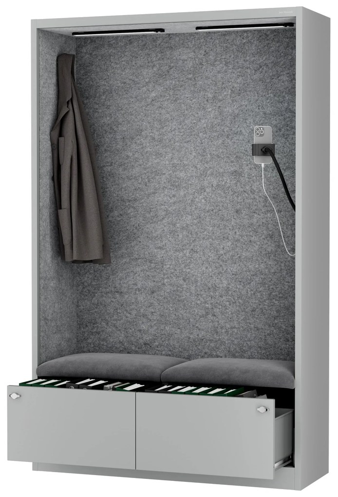 Kancelářská akustická kabina se sedátkem a USB-C portem, korpus šedý / sedák šedá, 1150 mm: SALLY MentalBox