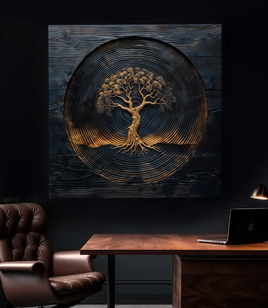 Obraz na plátně - Strom života Zlatý Vinyl, dřevo styl FeelHappy.cz Velikost obrazu: 100 x 100 cm