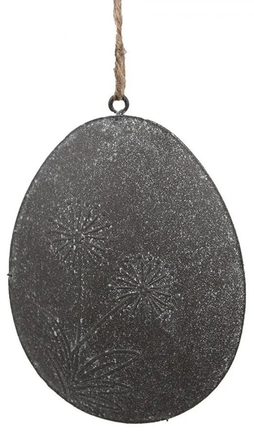 Šedé plechové závěsné vajíčko s kytičkou - 10*2*8 cm