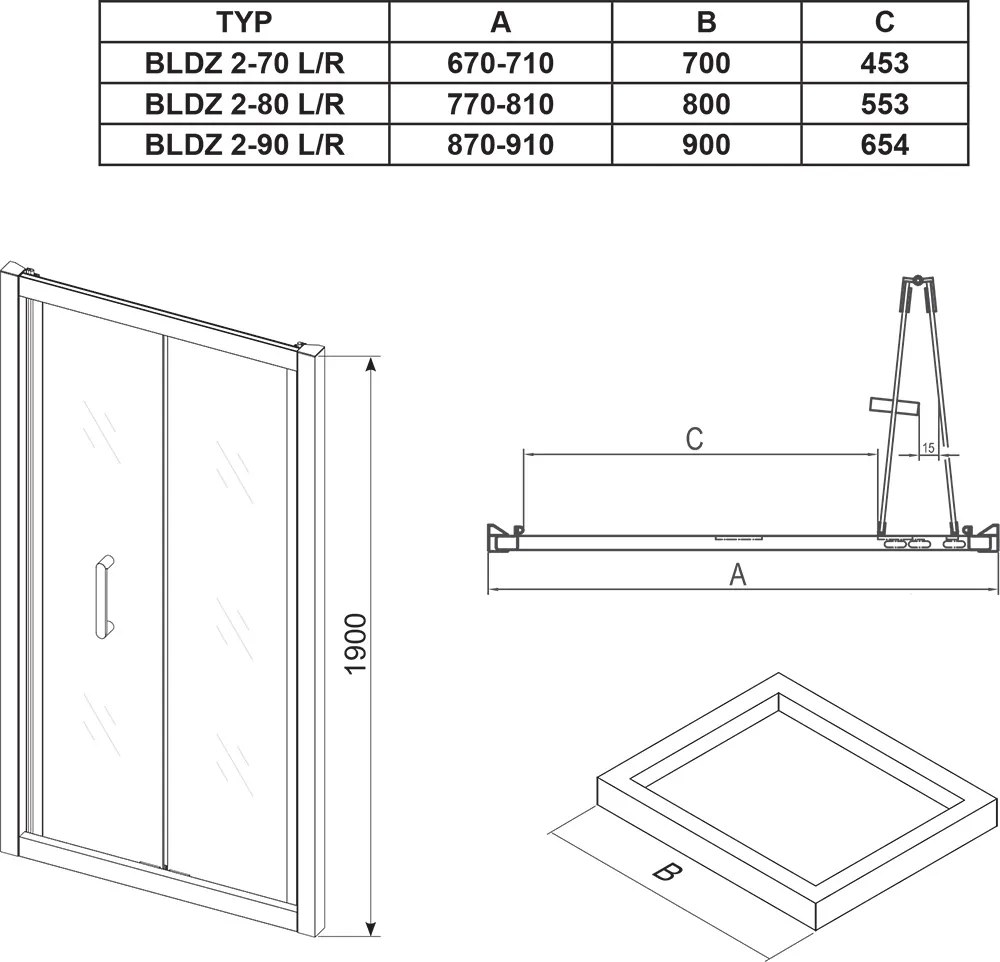 Ravak Sprchové dveře zlamovací dvoudílné 90 cm, bright alu,     BLDZ2-90 TRANSPARENT   X01H70C00Z1 BLDZ2-90 TRANSPARENT