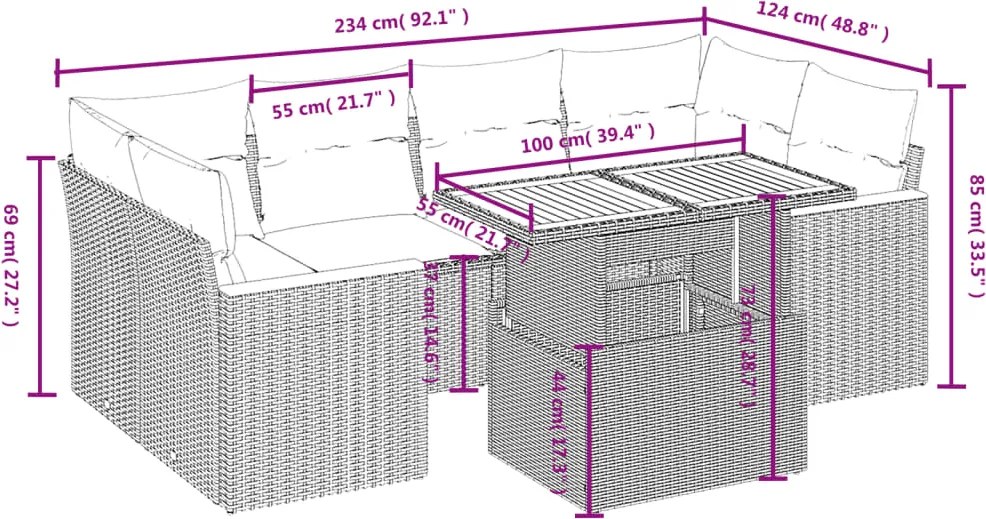 7dílná zahradní sedací souprava s poduškami černá polyratan 3272974