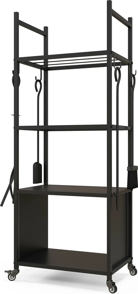 Outsunny Stojan na dřevo 45 x 30 x 118 cm s koly, 4 police, stojan na dřevo pro venkovní i vnitřní použití, do 60 kg, kovový, černý