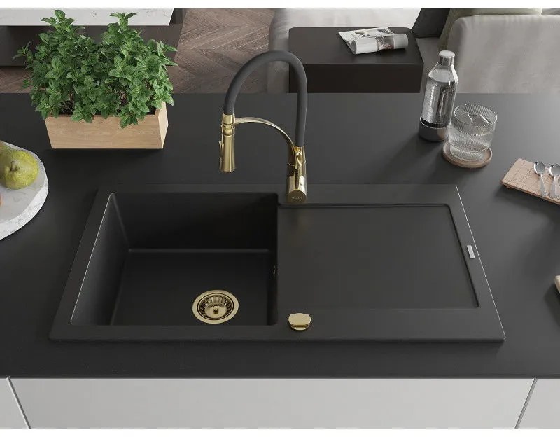 Mexen Leo, granitový dřez 900x500x190 mm, 1-komorový a dřezová baterie Aster, černá, 6501-77-73450-57-G