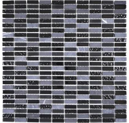 Skleněná mozaika s přírodním kamenem šedá černá 1x3cm/31x32,5 cm