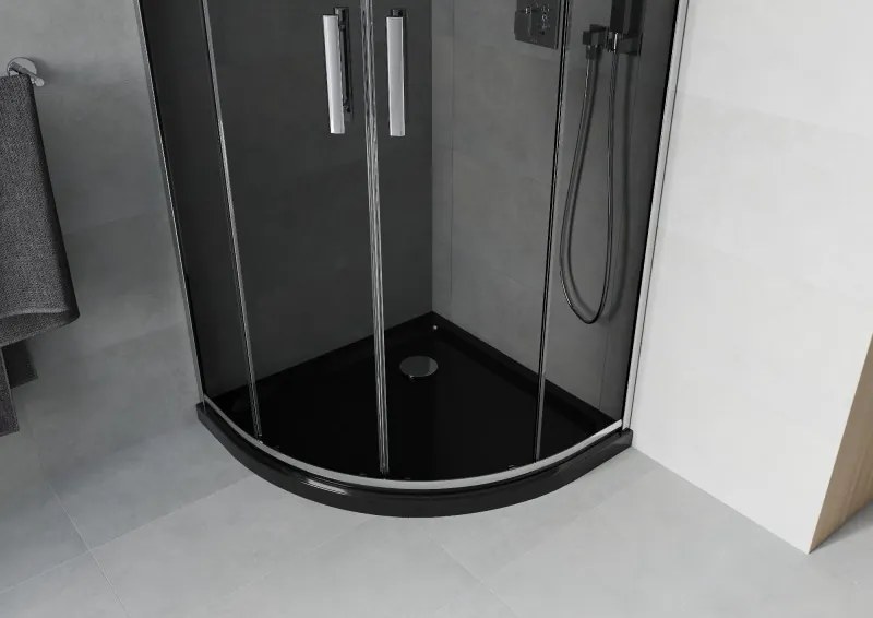 Mexen Rio, čtvrtkruhový sprchový kout s posuvnými dveřmi 90 x 90 cm, 5mm šedé sklo, chromový profil + černá sprchová vanička, 863-090-090-01-30-4170