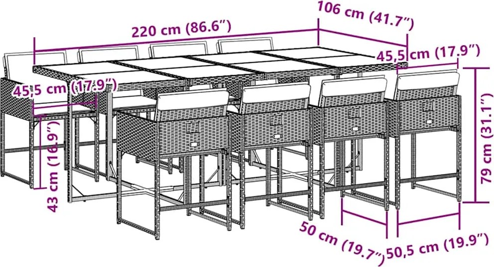 9dílný zahradní jídelní set s poduškami šedý polyratan 3211280