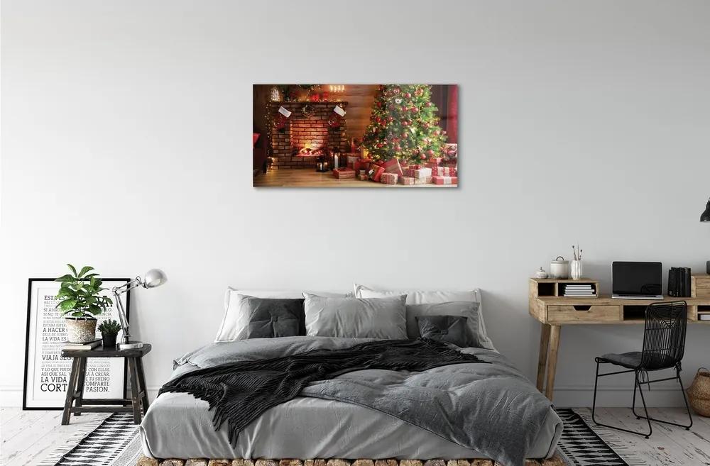 Obraz na skle Krbová dárky vánoční stromky 120x60 cm