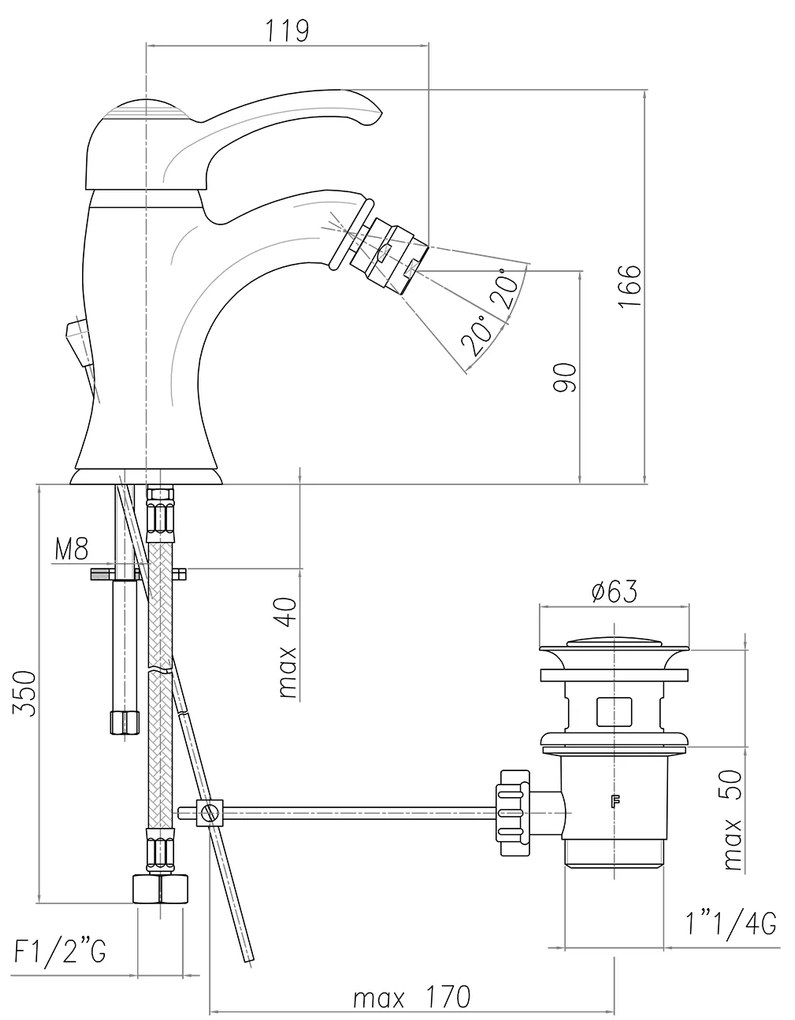 Sapho Sapho, KIRKÉ stojánková bidetová baterie s výpustí, chrom, KI03C