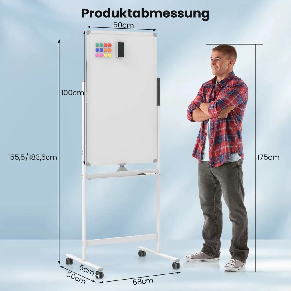 Costway Oboustranná magnetická tabule s kolečky, stojanem a – 60 × 100 cm
